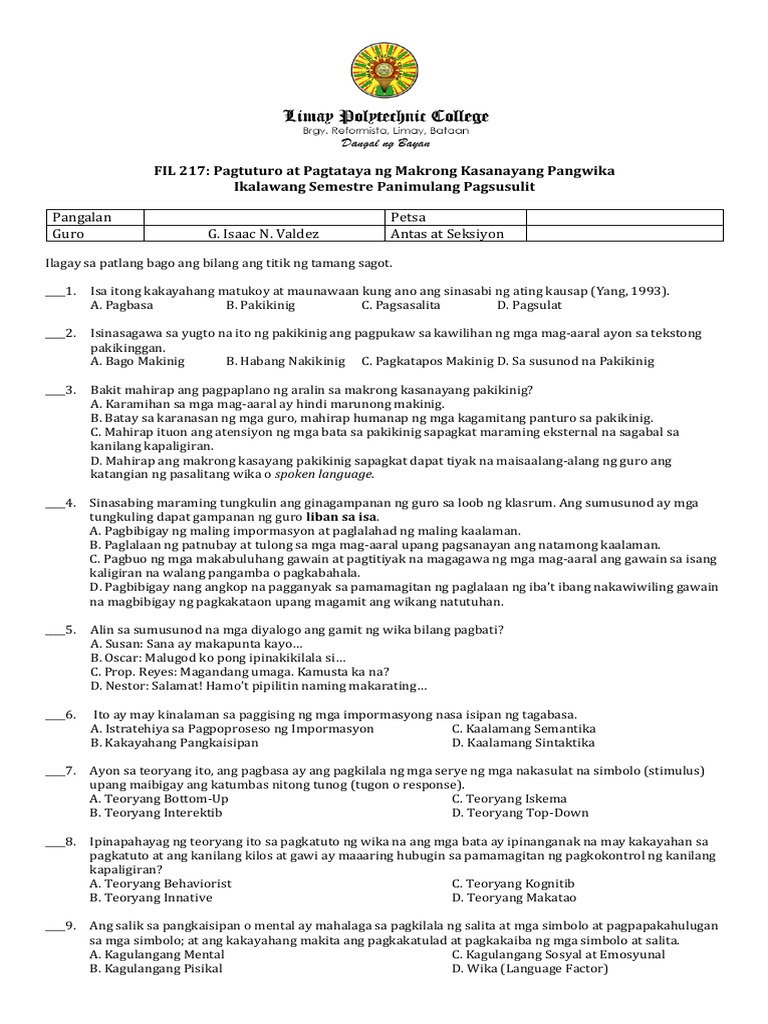 FIL 217 - Pantiyak Na Pagsubok | PDF