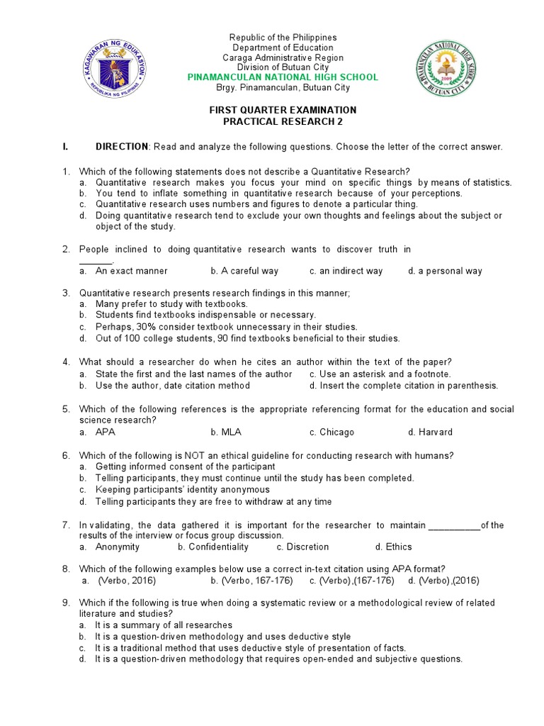 Practical Research 2 First Quarter Test | PDF | Methodology | Experiment