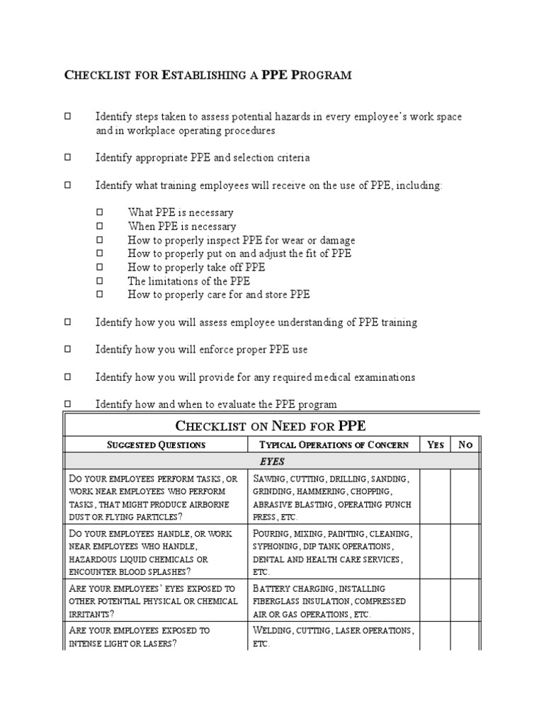 Checklist For Establishing A PPE Program | PDF