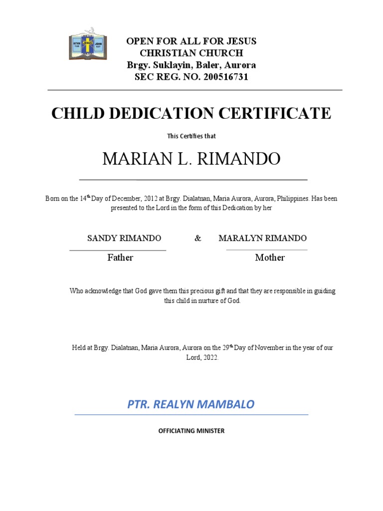 Child Dedication Certificate | PDF