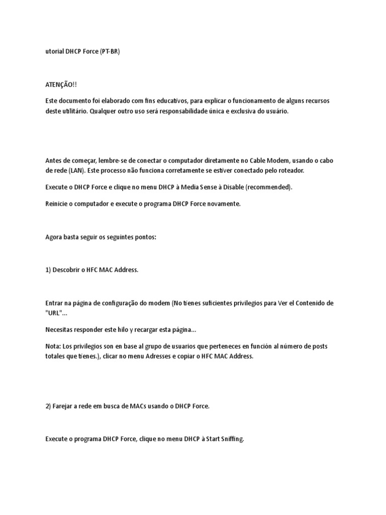 Tutorial DHCP FORCE | Download grátis PDF | Rede de computadores | MacOs