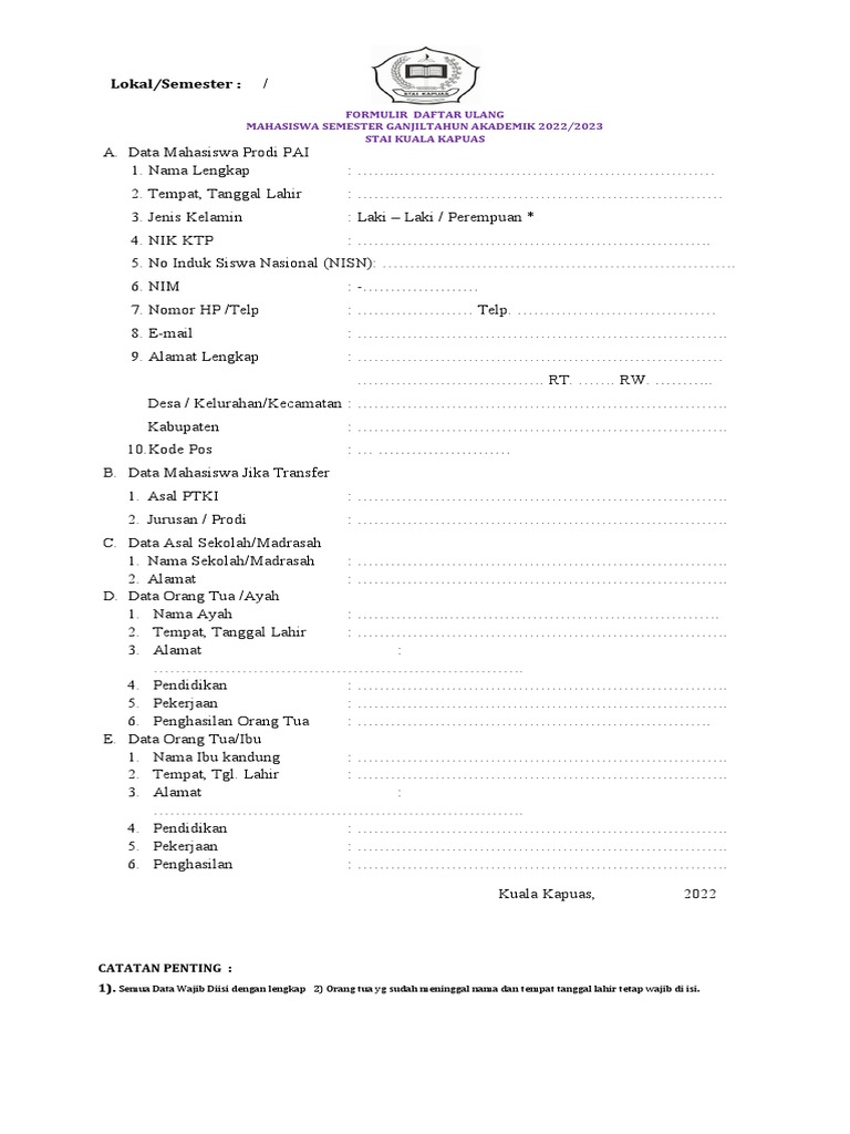 Formulir Daftar Ulang Mahasiswa | PDF