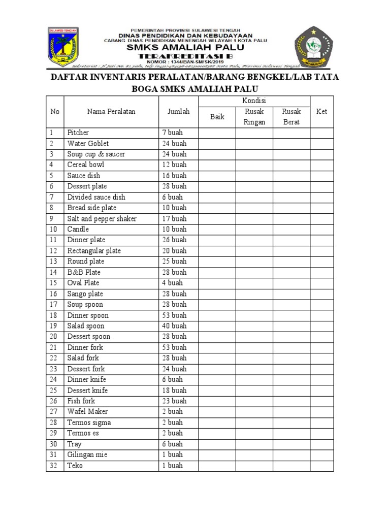 Inventaris Barang Jurusan Tata Boga | PDF