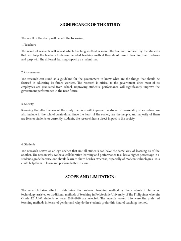 Significance of The Study | PDF | Teaching Method | Survey Methodology