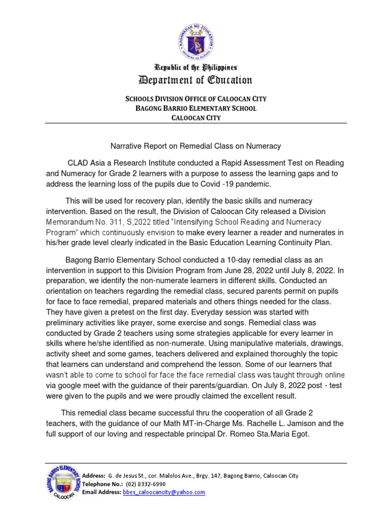 Narrative Report On Numeracy | PDF | Teachers | Cognition
