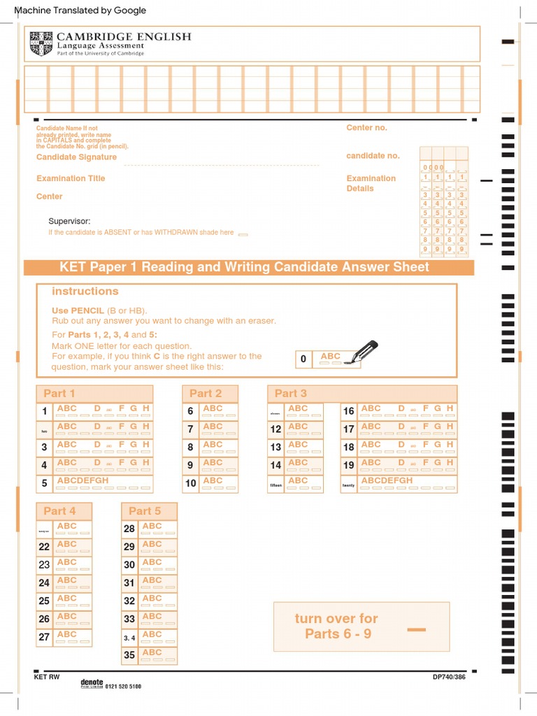 KET Reading and Writing Answer Sheet | PDF | Stationery | Office Work