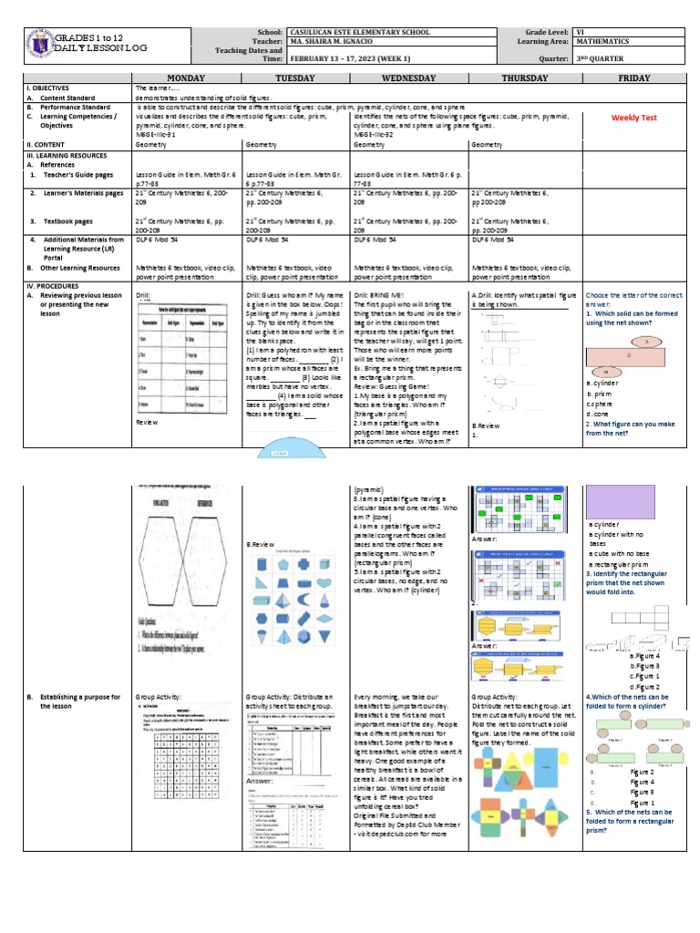 DLL - Mathematics 6 - Q3 - W3 | PDF | Shape | Geometric Objects