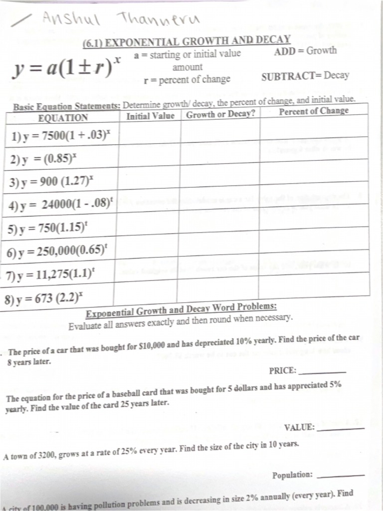 Exponential Growth Worksheet Key Exponential Growth And Decay