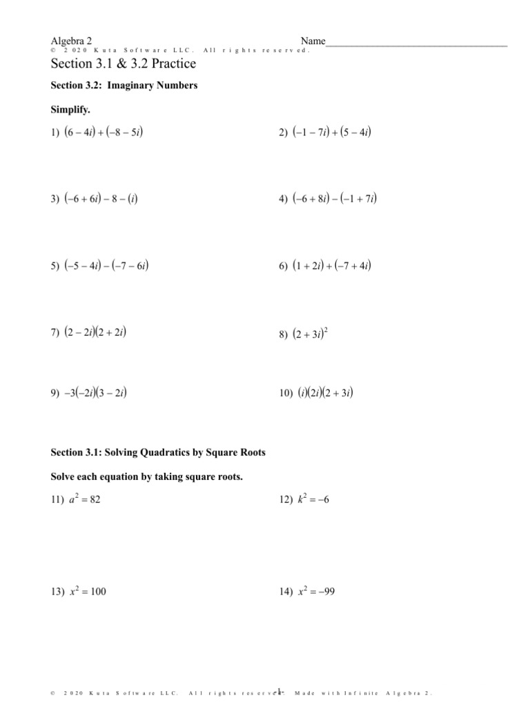 Infinite Algebra 2 - Section 3.1 & 3.2 Practice | PDF | Quadratic ...