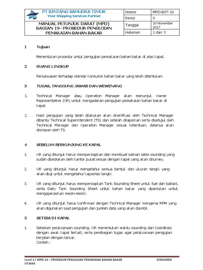 MPD-BST-19 Prosedur Pengujian Pemakaian Bahan Bakar | PDF