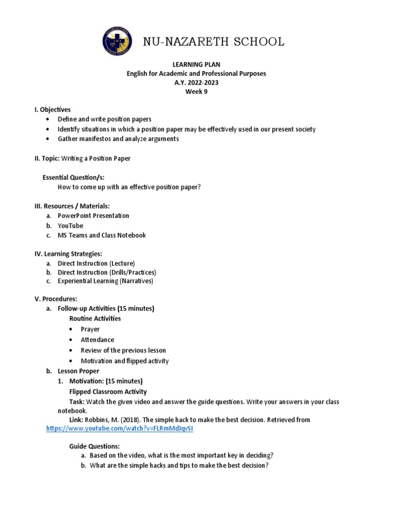 Week 9 Learning Plan EAPP | PDF | Essays | Learning