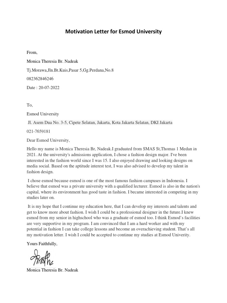 Motivation Letter For Esmod University | PDF