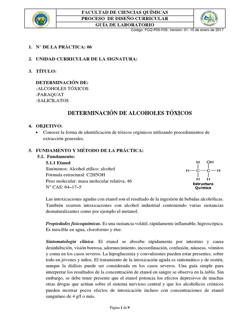 Practica 06. Alcoholes Tóxicos, Paraquat, Salicilatos | PDF | Etanol | Metanol