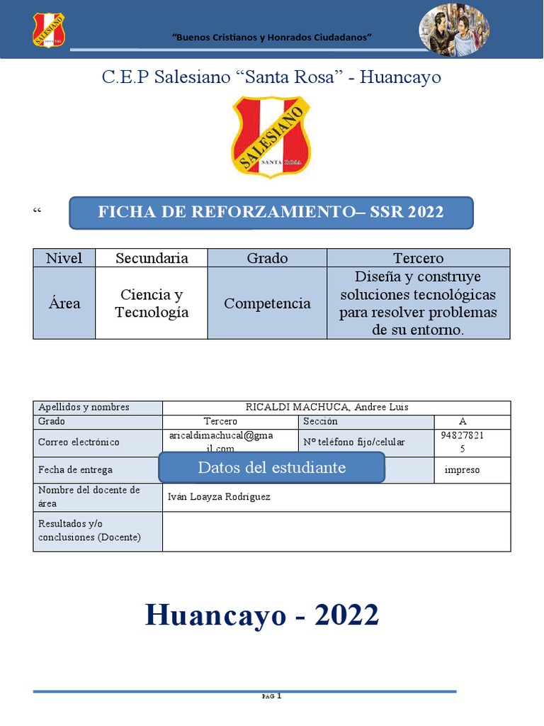 IVAN LOAYZA - FICHA DE REFORZAMIENTO CyT 3 C3 | PDF