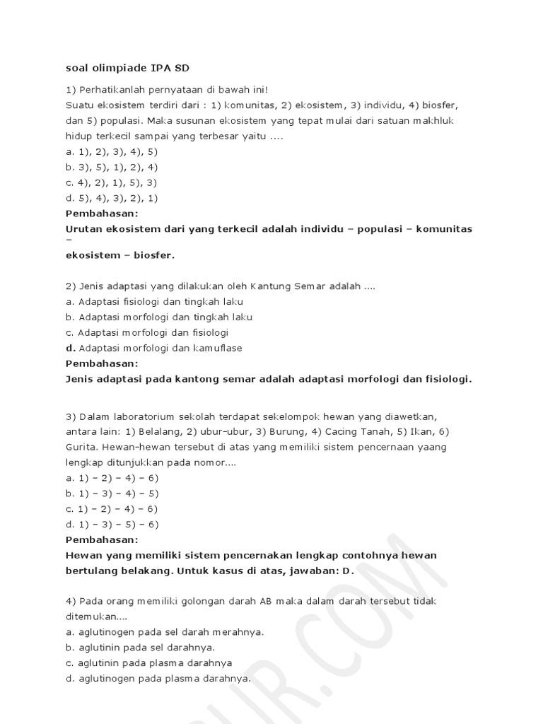 Soal Olimpiade Ipa SD & Kunci Jawaban | PDF