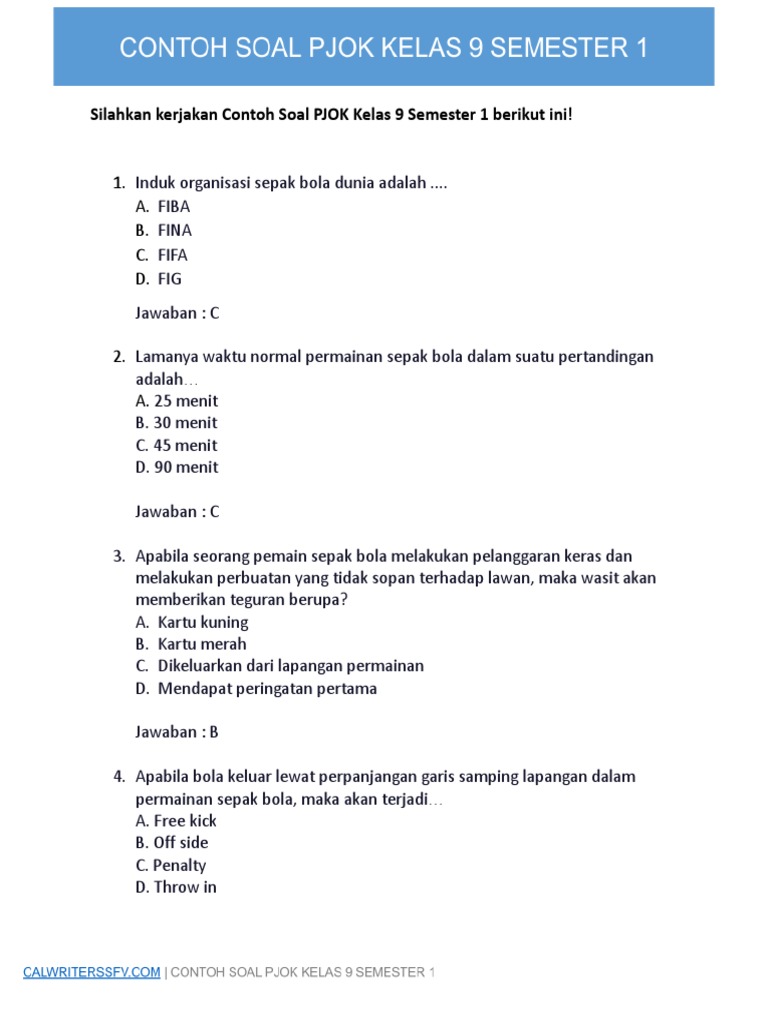Contoh Soal PJOK Kelas 9 Semester 1 | PDF