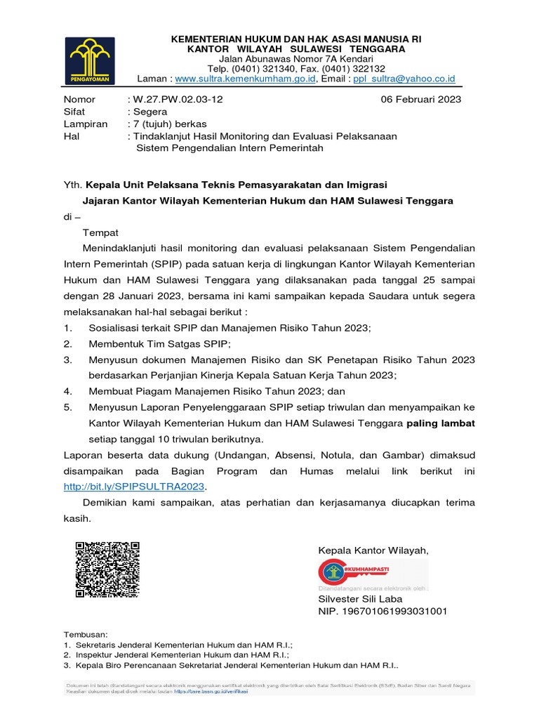 Surat Tindaklanjut Hasil Monev Pelaksanaan SPIP | PDF