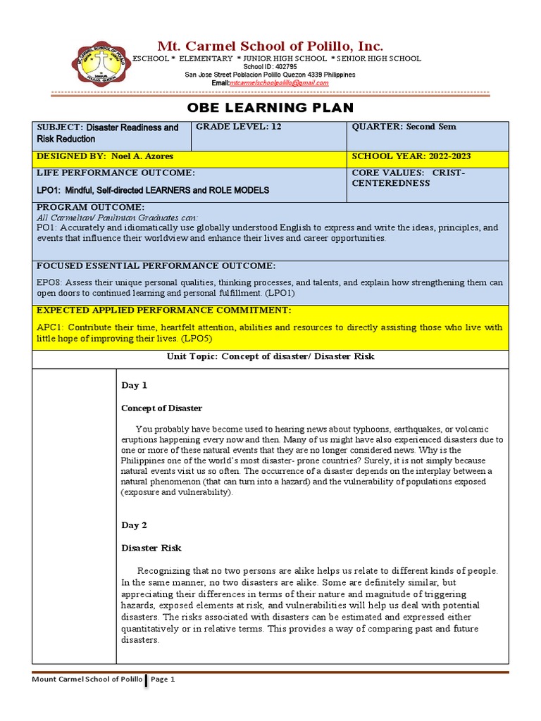 OBE LEARNING PLAN Disaster Readiness Week 13 | PDF | Risk | Hazards