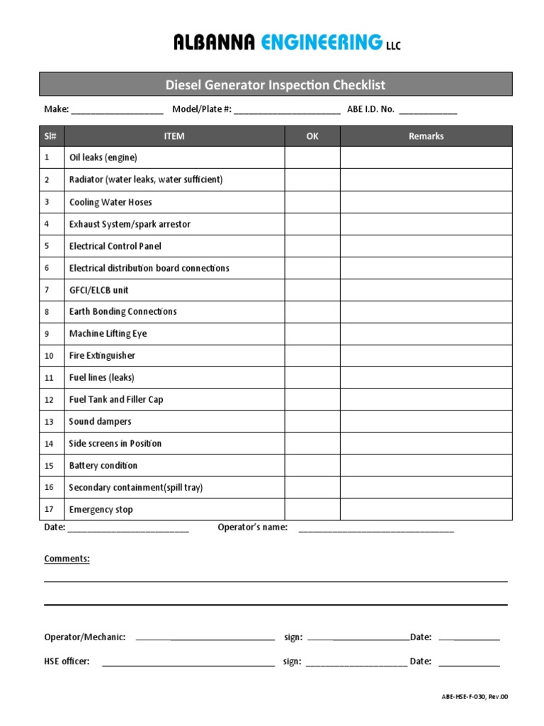 Diesel Generator Inspection Checklist | PDF