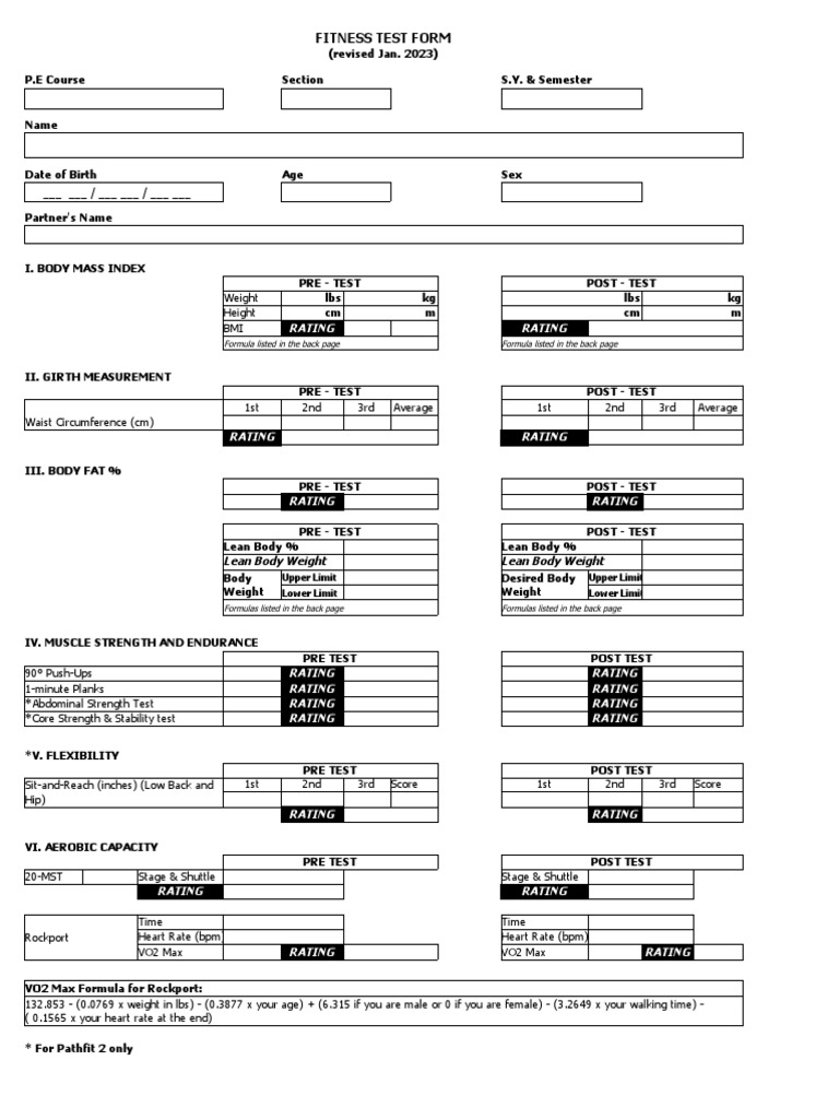 Fitness Test Form Fitness Training 2 Frontrev. Jan 2023 2 | PDF | Body ...