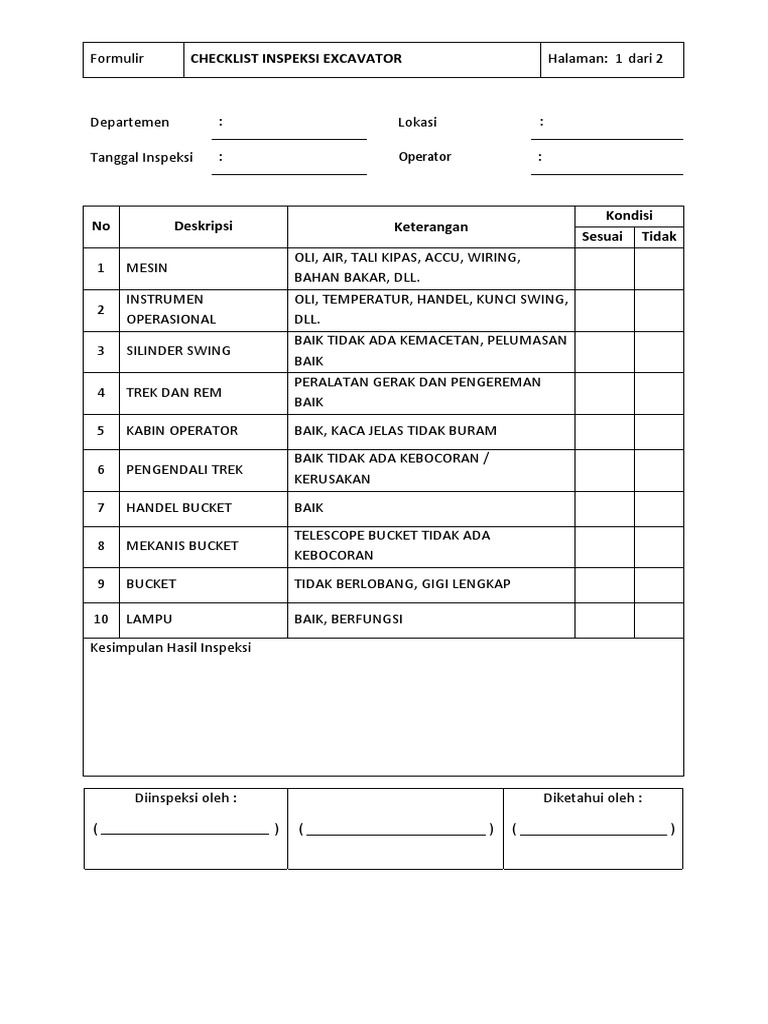 Form Check List Inspeksi Excavator | PDF