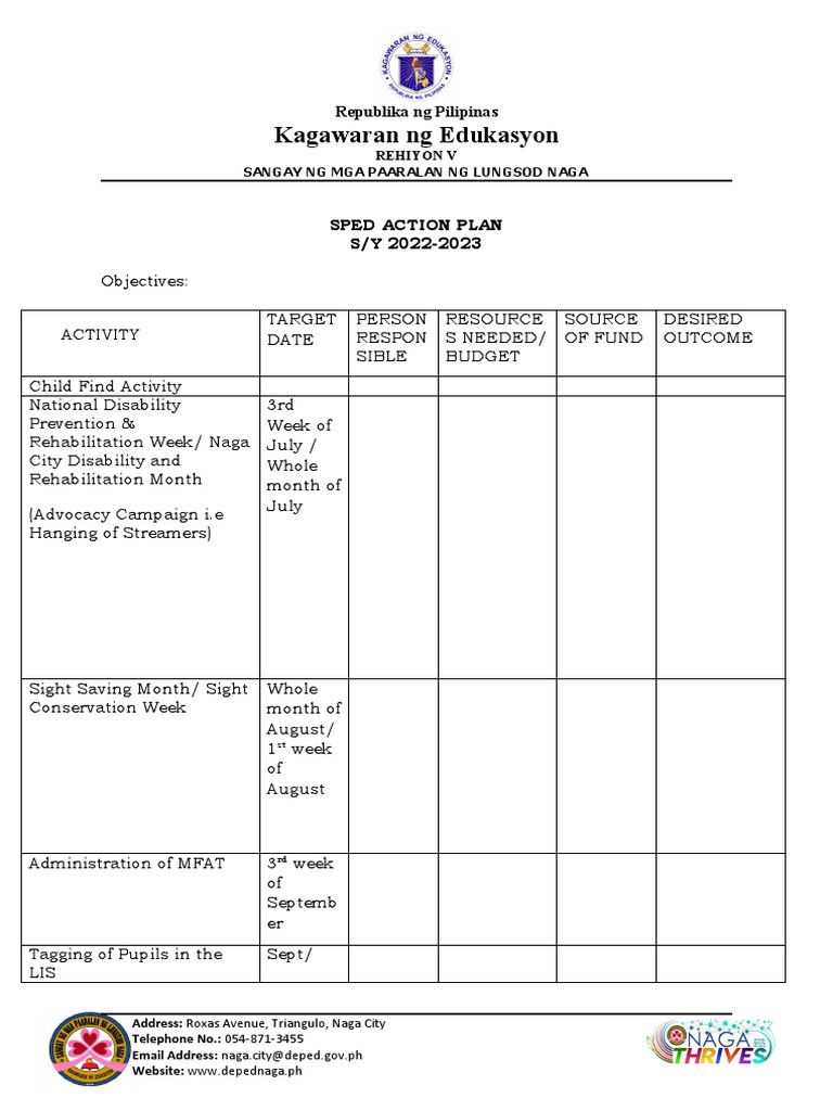 SPED Action Plan of Schools | PDF | Behavioural Sciences | Disability