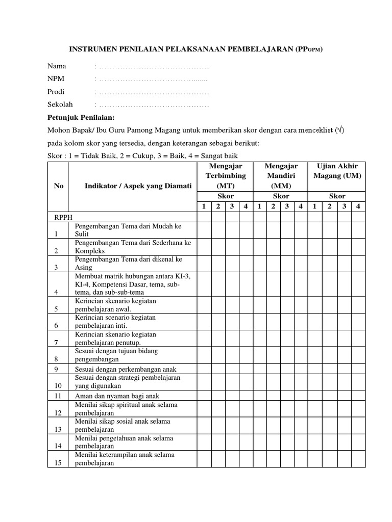Instrumen Penilaian Pelaksanaan Pembelajaran Paud | PDF