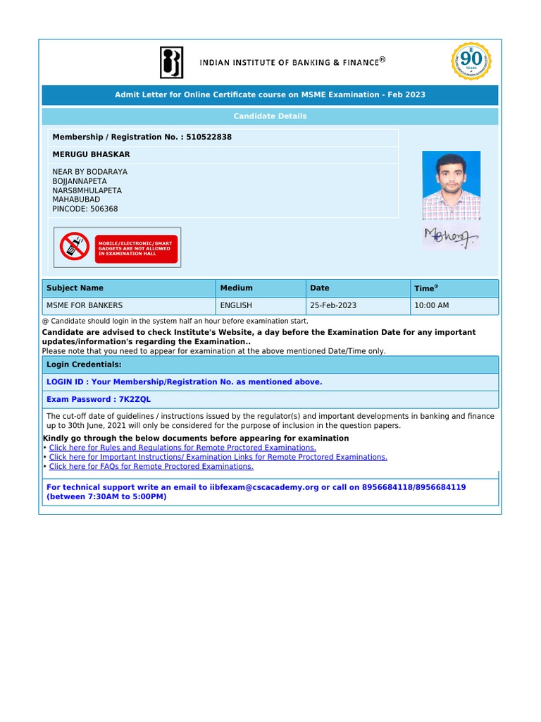 Admit Letter For Online Certificate Course On MSME Examination - Feb 2023 Candidate Details | PDF