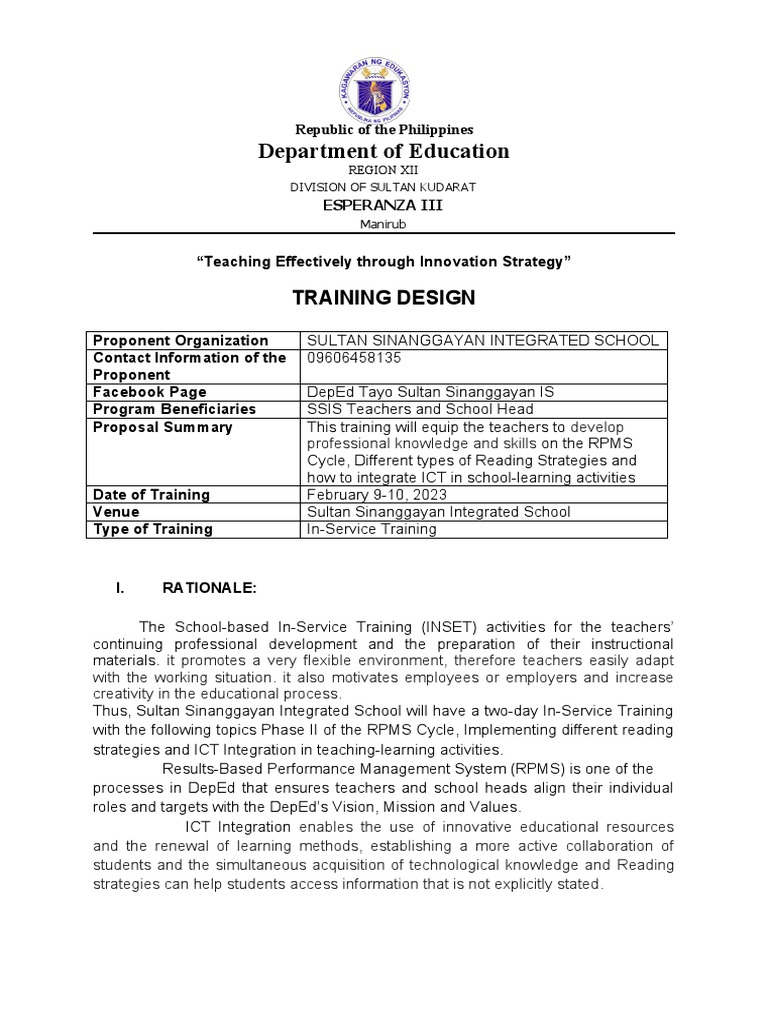 MPRE INSET Training Design | PDF | Educational Technology | Teachers