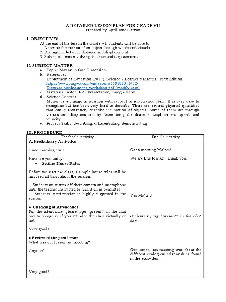 GARZON - 7E Lesson Plan in Motion in One Dimension | PDF | Distance ...