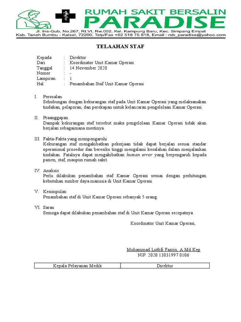 Telaahan Staf Kebutuhan SDM Unit Kamar Operasi | PDF | Bisnis