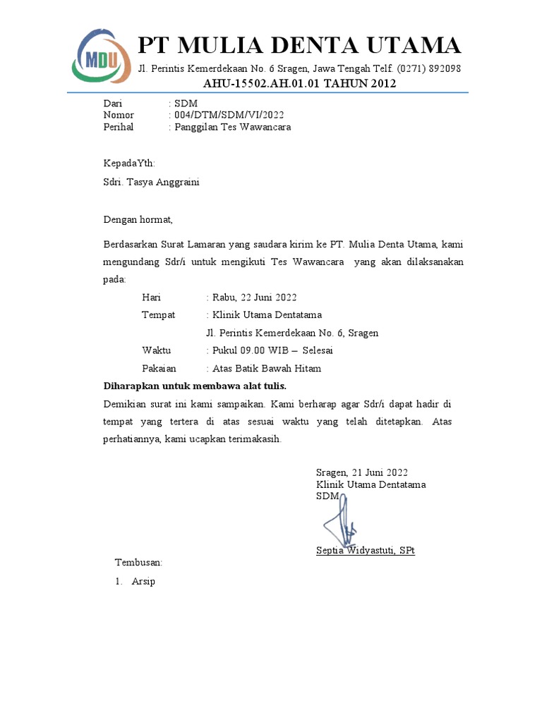 Undangan Interview Pt. Mdu | PDF