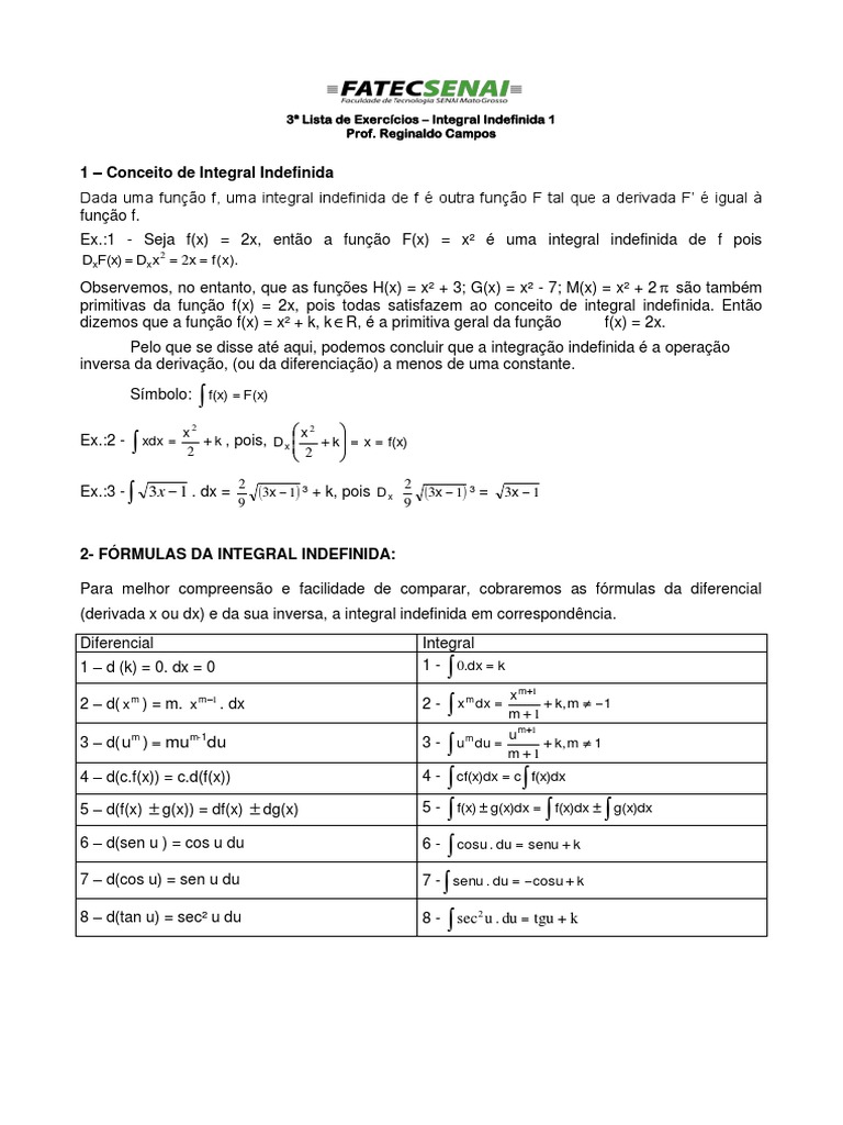 03a Lista de Exercícios - Integral Indefinida | PDF | Derivado | Integrante