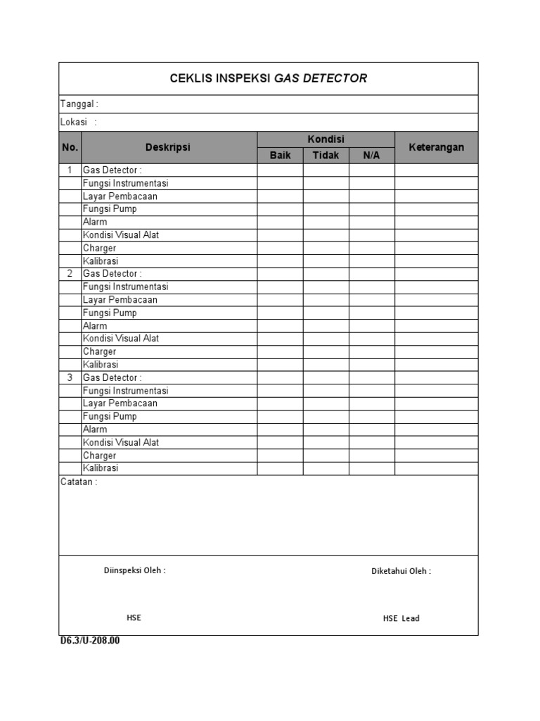 Ceklis Inspeksi Gas Detector HSE | PDF | Teknologi & Rekayasa