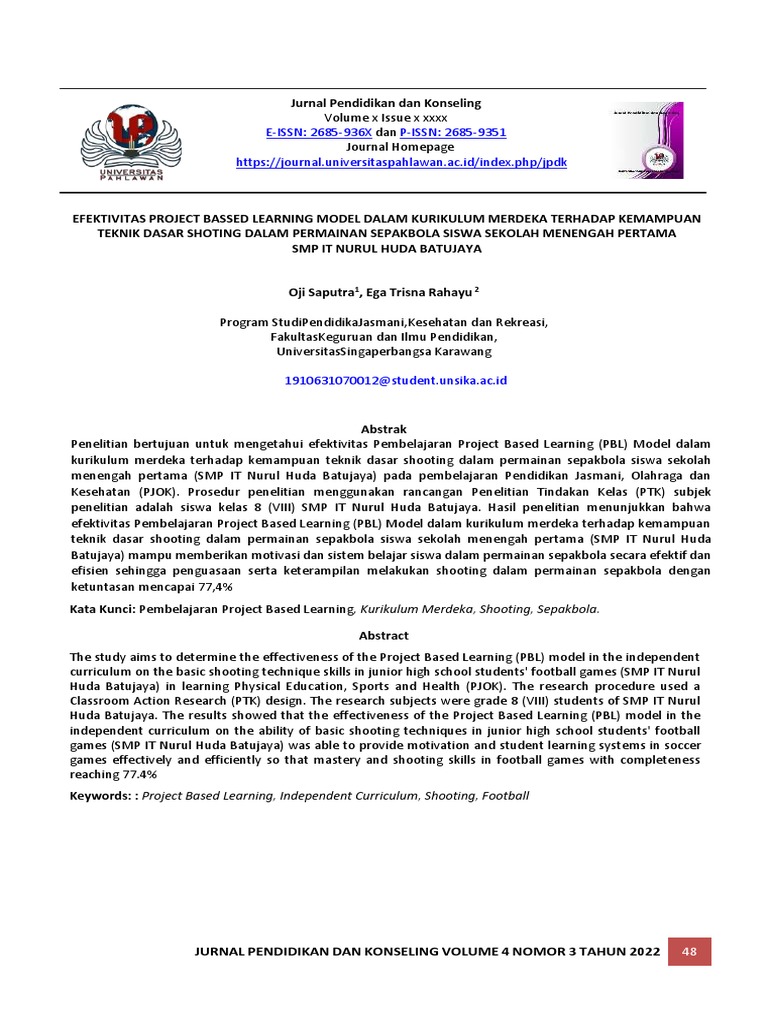 EFFECTIVENESS OF PROJECT BASED LEARNING MODEL IN THE INDEPENDENT CURRICULUM ON BASIC SHOOTING ...