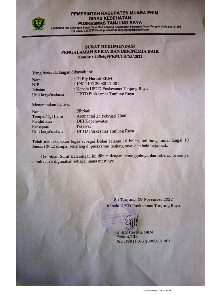 Surat Rekom, Pengalaman Kerja Berkelakuan Baik Pibri | PDF