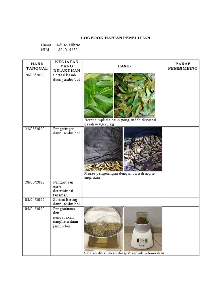 Logbook Harian Penelitian | PDF
