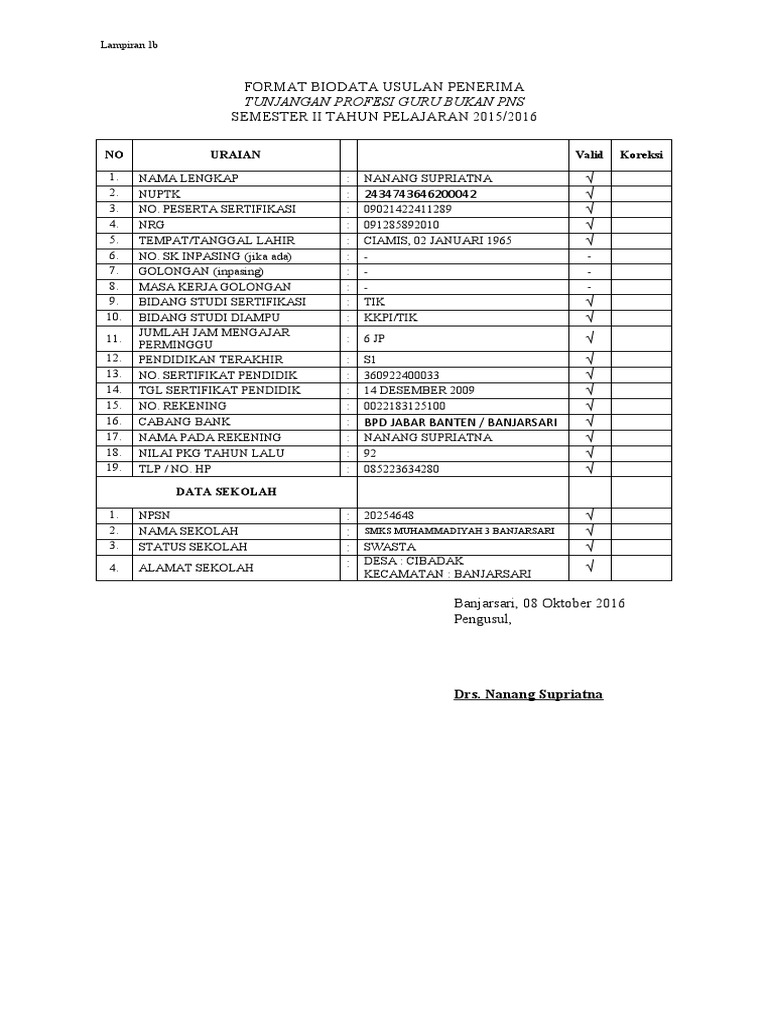 Format Biodata Usulan Penerima TPG | PDF