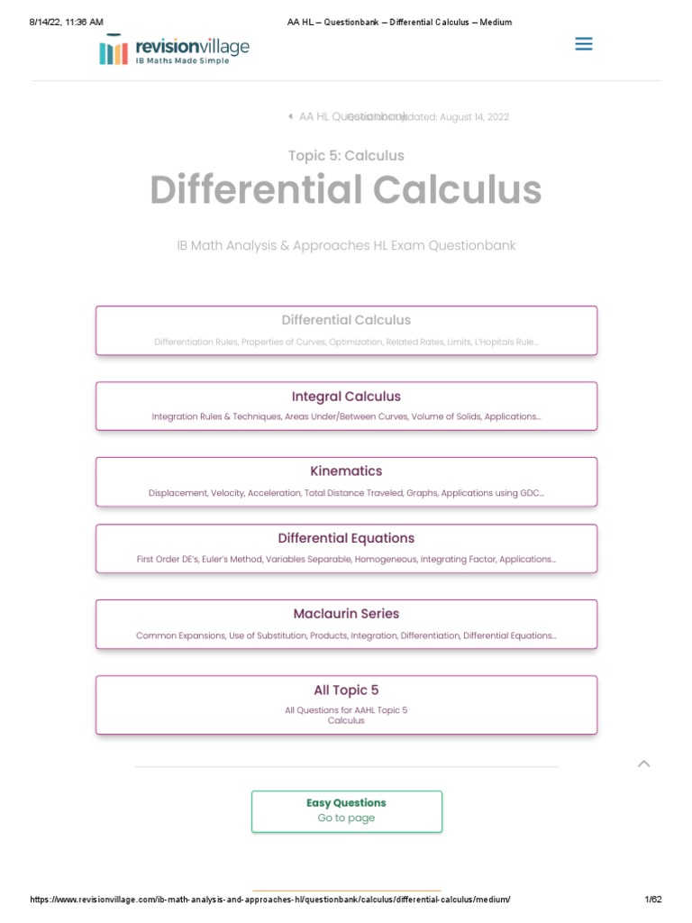AA HL - Questionbank - Differential Calculus - Medium | PDF ...