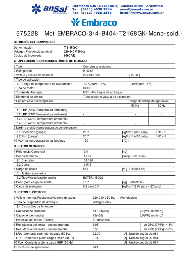 CATALOGO DE COMPRESOR EMBRACO - T2168GK (50hz) | PDF | Ciencia de los ...