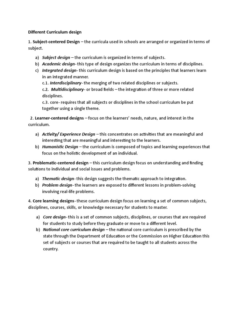 Types of Curriculum Designs Explained | PDF | Curriculum ...