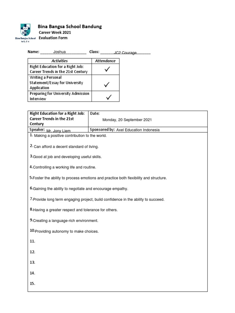 BBSB Career Week - Eval Form | PDF | Learning | Behavior Modification
