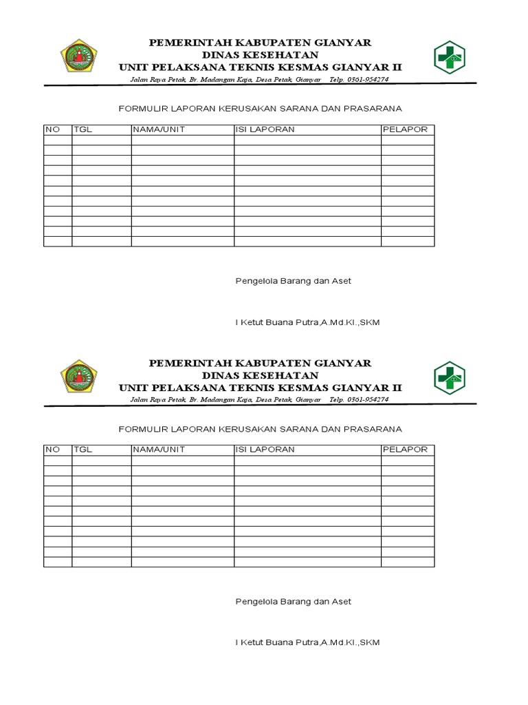 Formulir Laporan Kerusakan Sarana, Prasarana Dan Fisik Puskesmas | PDF