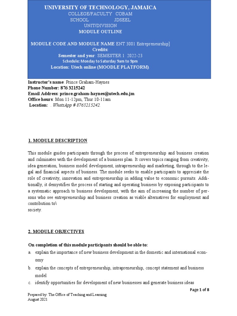 ENT 3001 Module Outline OTL SEM 1 2022-23 NEW PGH Fin | Download Free ...