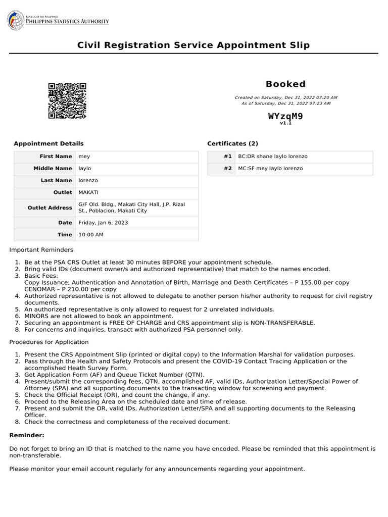 Civil Registration Service Appointment Slip | PDF