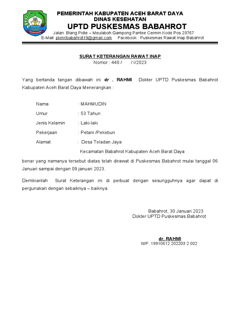 SURAT KETERANGAN Rawat Inap | PDF