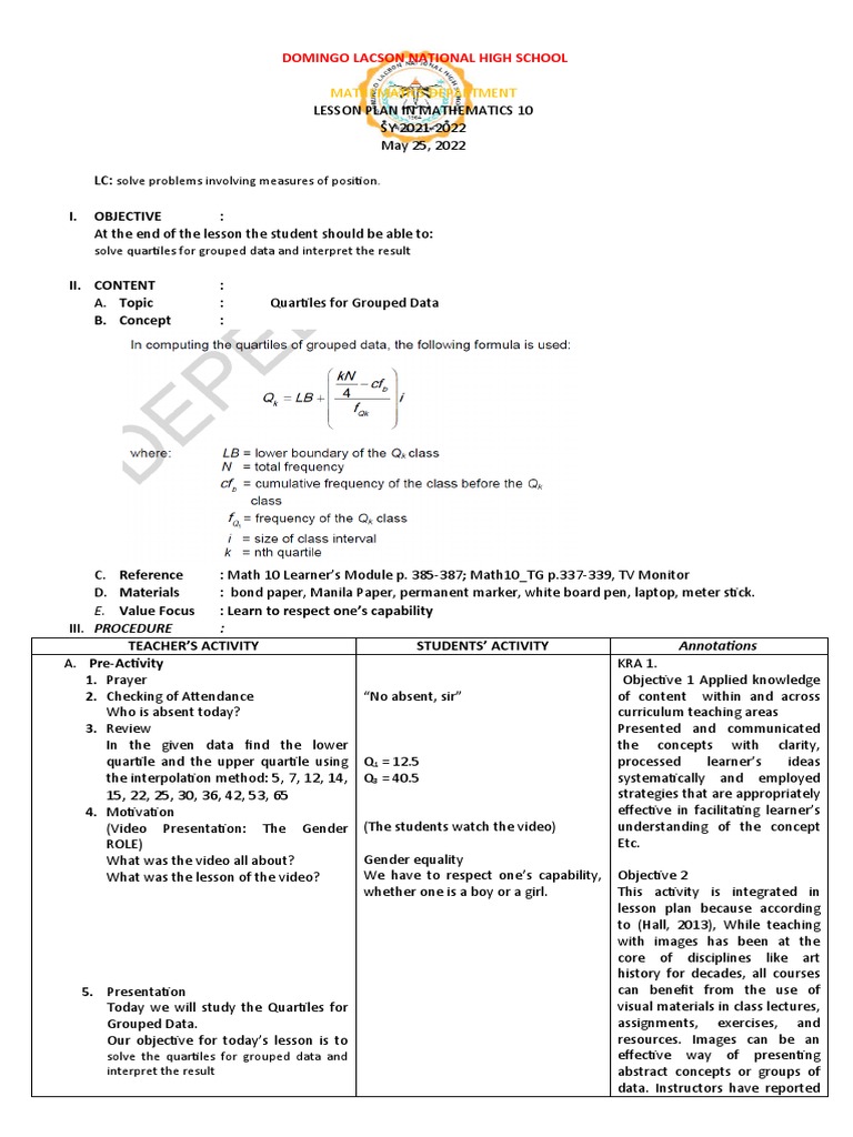 Lesson Plan Quartiles For Grouped Data 2021 | PDF | Lesson Plan | Learning