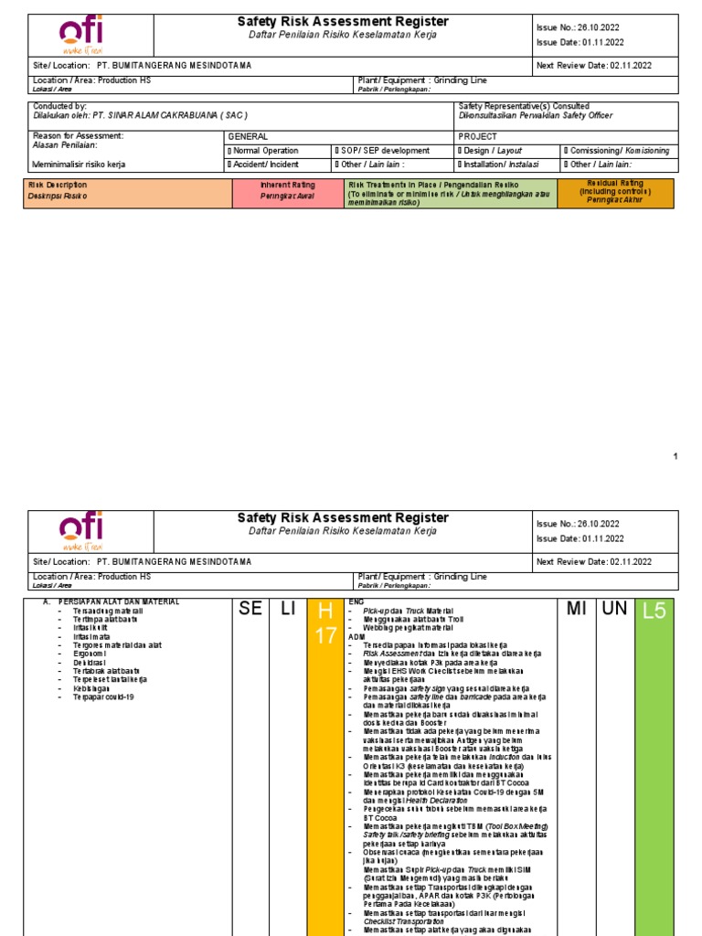 Form Risk Assessment Grinding Line W9 | PDF