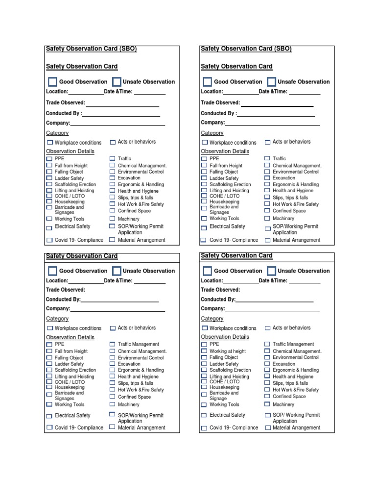 20.19 Safety Observation Card R3 | PDF | Workplace | Working Conditions