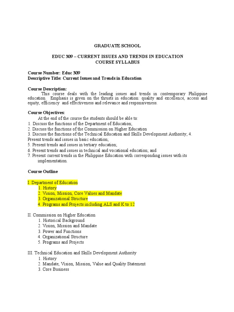 Educ 309 - Current Trends and Issues in Educaiton Syllabus | PDF | Vocational Education | Learning